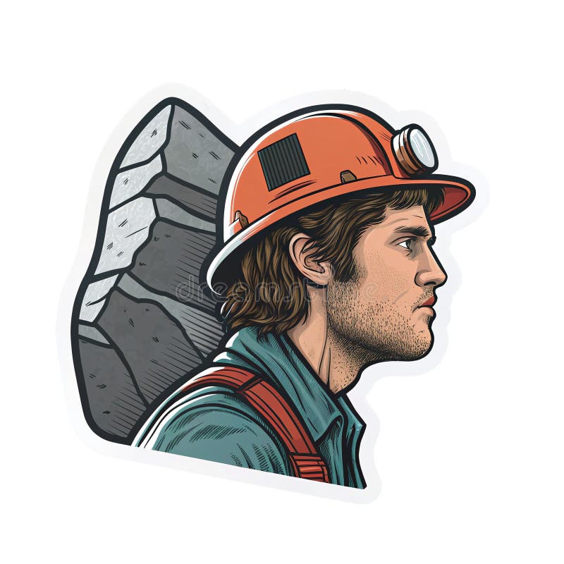 Determined Miner with Hard Hat and Rock Depiction for Labor and ...