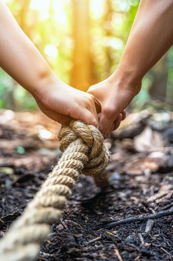 A Strong Person Pulling a Rope through the Enchanted Forest in a Symbol of Cooperation and ...