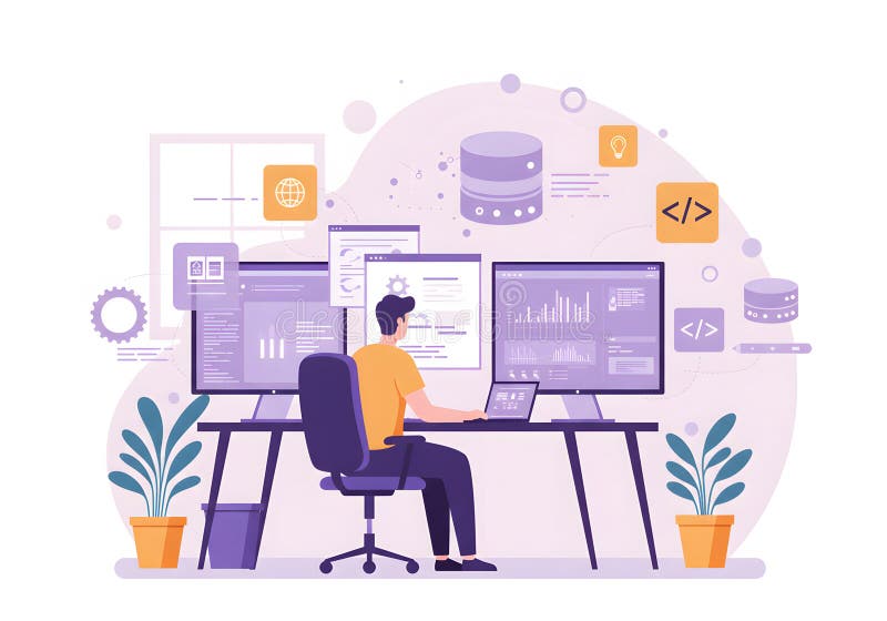 Developer Working on Multiple Screens at His Desk Stock Illustration ...