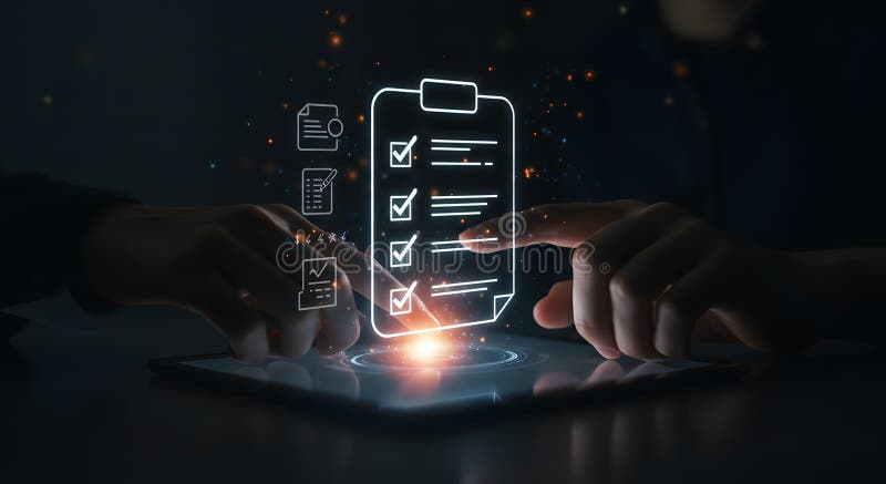 Digital Checklist on Tablet with Hand Interaction Stock Illustration ...