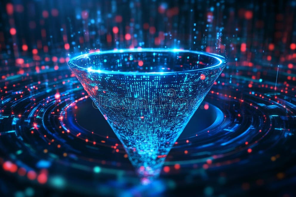 Digital Data Swirling into a Glowing Funnel Futuristic Technology ...