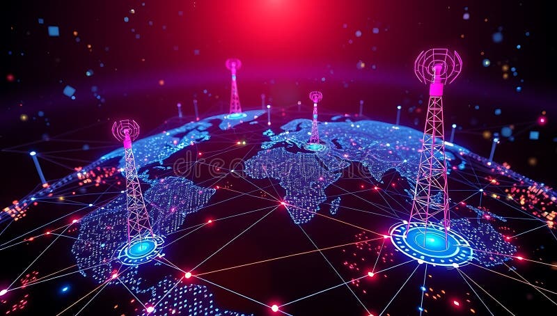 Global Network Towers Illuminate Digital World Map Stock Illustration ...