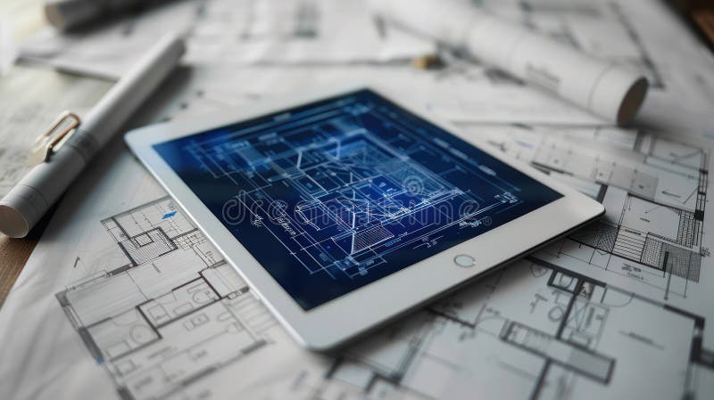 Digital Tablet with BIM Software and Blueprints on Table Stock ...