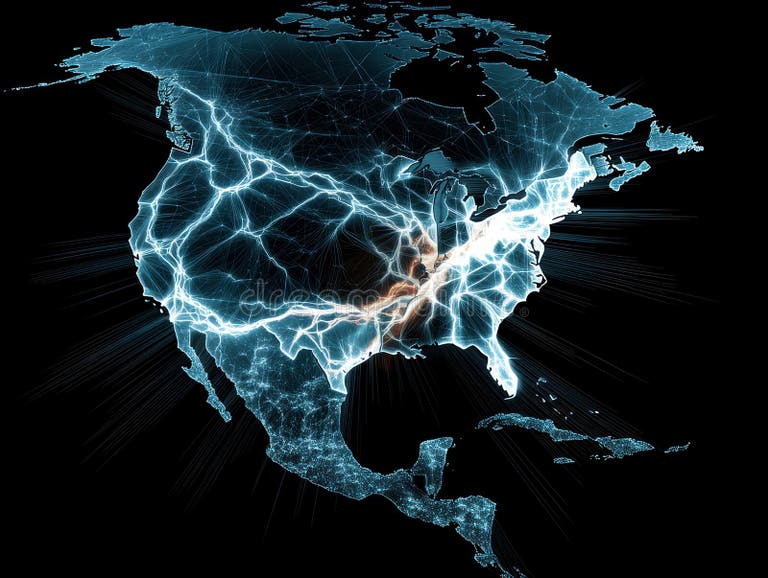 Image Depicts a Digital Visualization of US Power Grid As a Vibrant ...