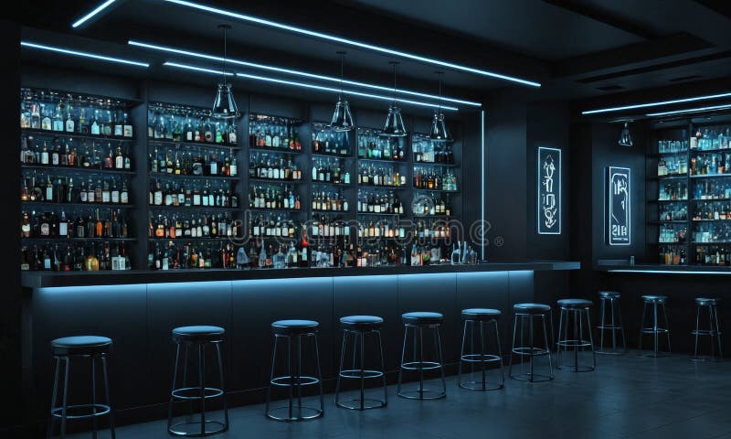 Dimly Lit Bar with Long Counter, Rows Stools, and Large Display Bottles ...