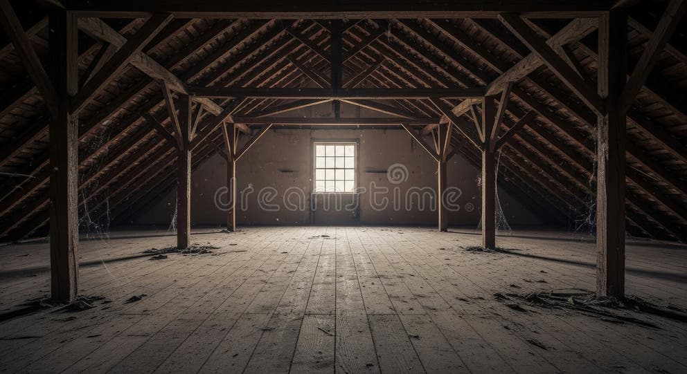 Dusty Attic with Window and Wooden Framework Stock Illustration ...