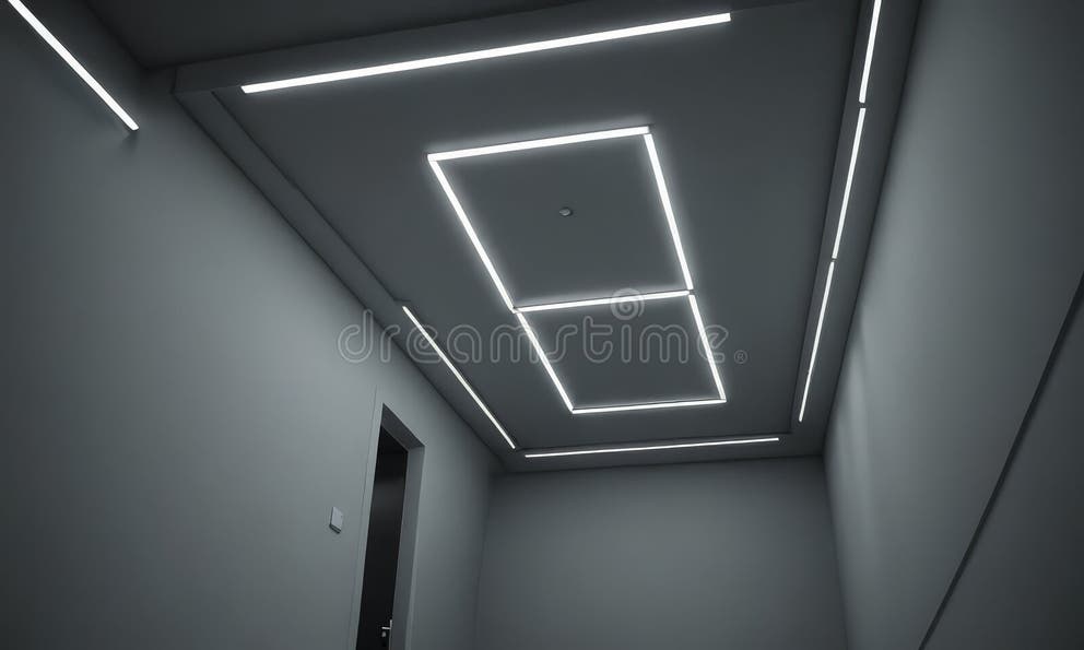 Dimly Lit Hallway Features White Ceiling with Rectangular Panels and ...