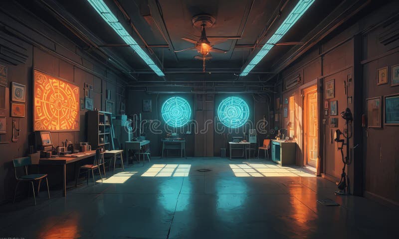 Dimly Lit Room with High Ceiling, Circular Windows, and Chandelier ...