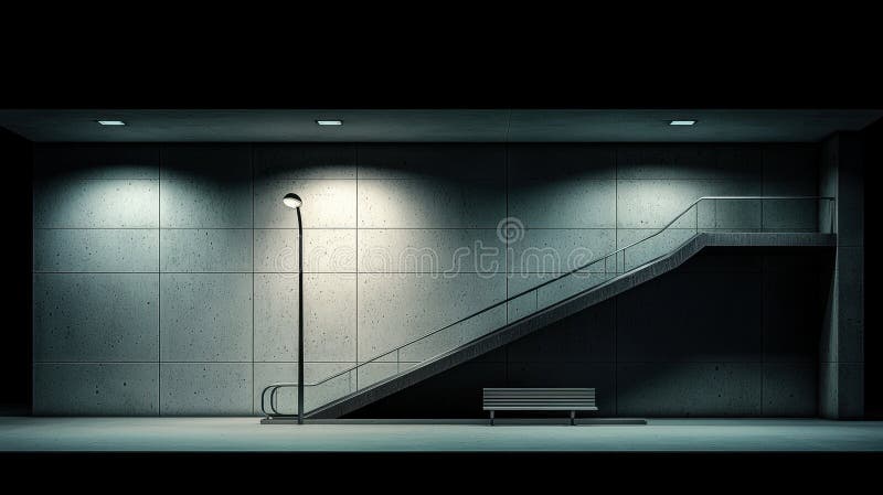A Dimly Lit Urban Scene Featuring a Concrete Wall, Staircase, Bench ...