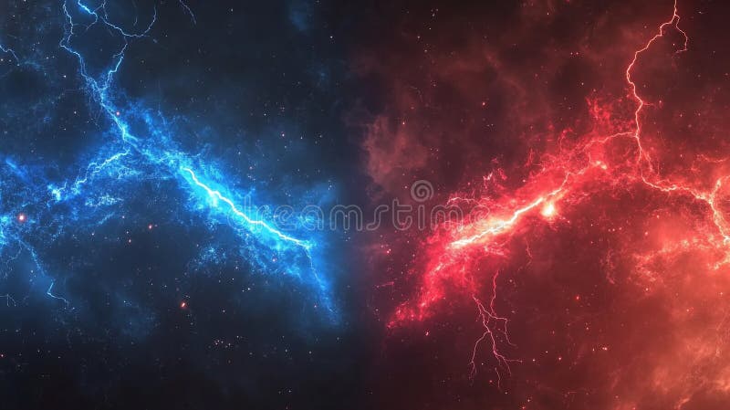Cosmic Clash of Blue and Red Energy in a Celestial Background with ...