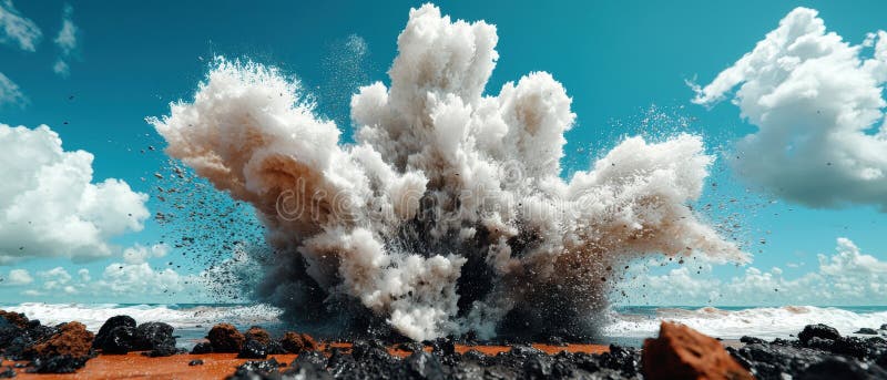 A Dramatic Explosion of White and Brown Particles Against a Clear Blue ...