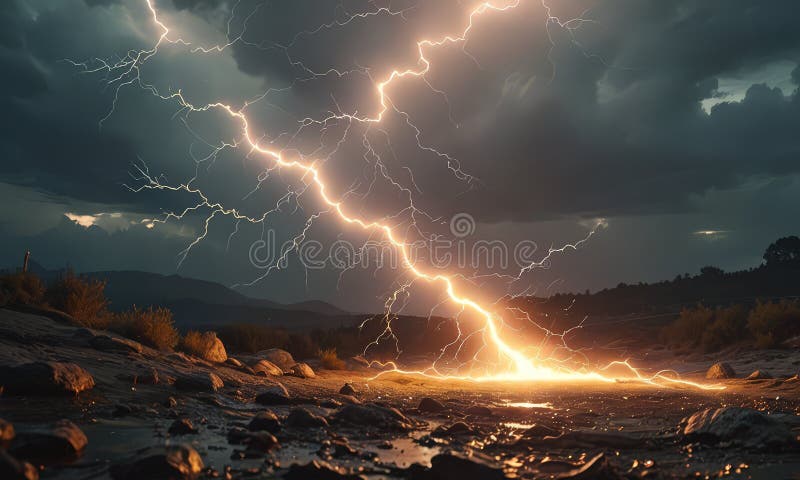 Dramatic Lightning Bolt Streaks Across Stormy Sky, Illuminating Rocky ...