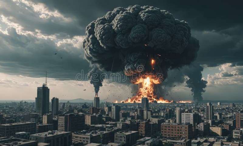 Large Explosion Occurs Over Densely Populated Cityscape, with Smoke and ...