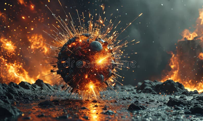 Large Explosion with Black Sphere at Its Center, Surrounded by Fiery ...