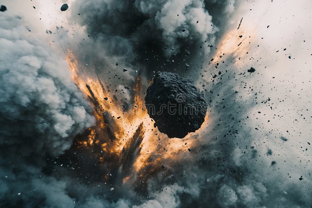 Massive Rock Impact Fiery Explosion Powerful Destruction Stock ...