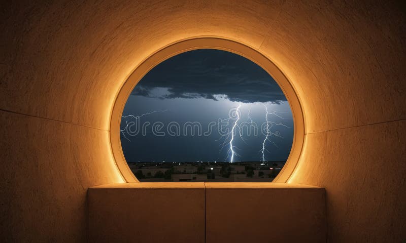 Dramatic View City Skyline at Night, Framed by Large, Arched Window ...