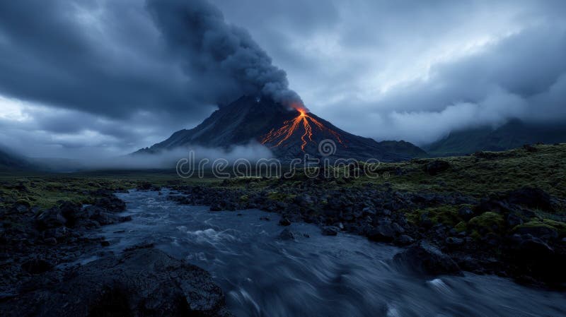 A Volcano Erupting with Lava and Smoke, Surrounded by a Rocky Landscape ...