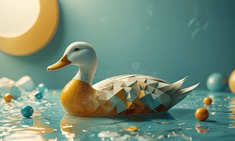 3D Duck in Blue-green Underwater Scene, Surrounded by Floating Objects ...
