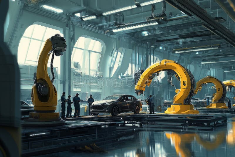 A Futuristic Automotive Manufacturing Scene with Robotic Arms at Work ...