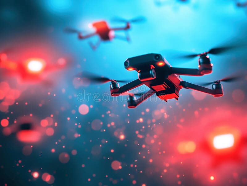 Image Depicts Dynamic Drones Against a Starry Backdrop with Red and ...