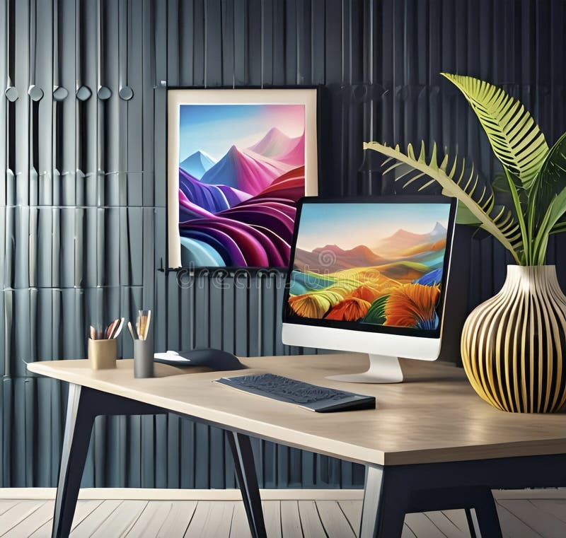 Editing Computer with Creative Pictures on Black Background Stock ...