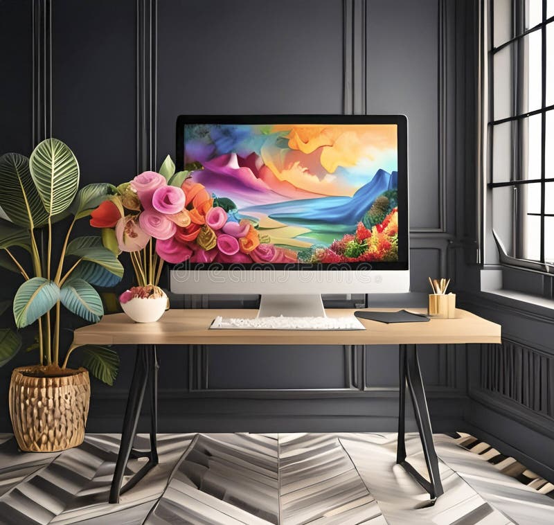 Editing Computer with Creative Pictures on Black Background Stock ...