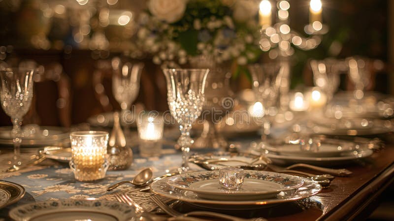 Elegant Dinner Table Setting with Crystal Glassware and Soft ...