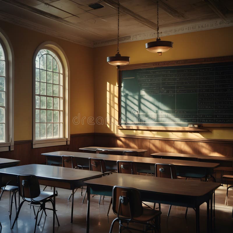 Empty Classroom with Sunlit Shadows and Blackboard Lesson Plan Stock ...