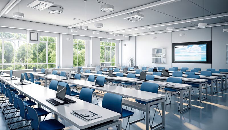 The Image Depicts an Empty Classroom with Blue Chairs and White Desks ...