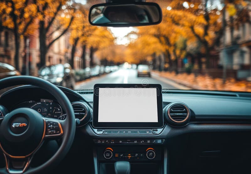 Empty Tablet Screen on Car Dashboard with Road View Stock Illustration ...