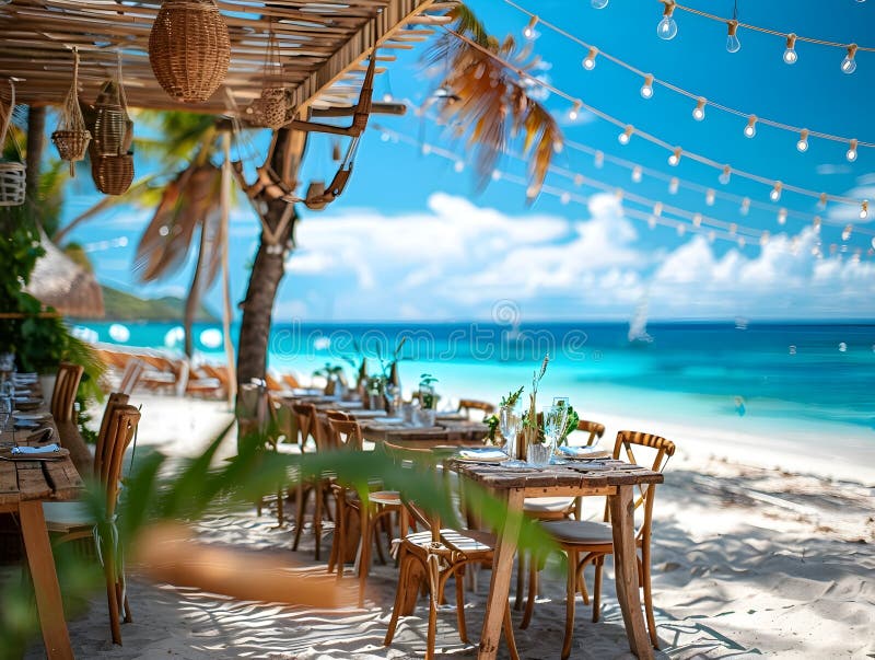 Enchanting Tropical Beach Restaurant with Boho-Chic Decor and Twinkling ...