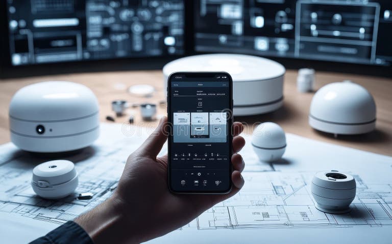 Engineer Holding a Smartphone Displaying Smart Home Controls ...