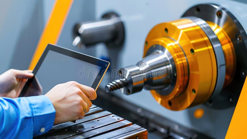Engineer Using Tablet To Operate Machine Tool Stock Illustration ...