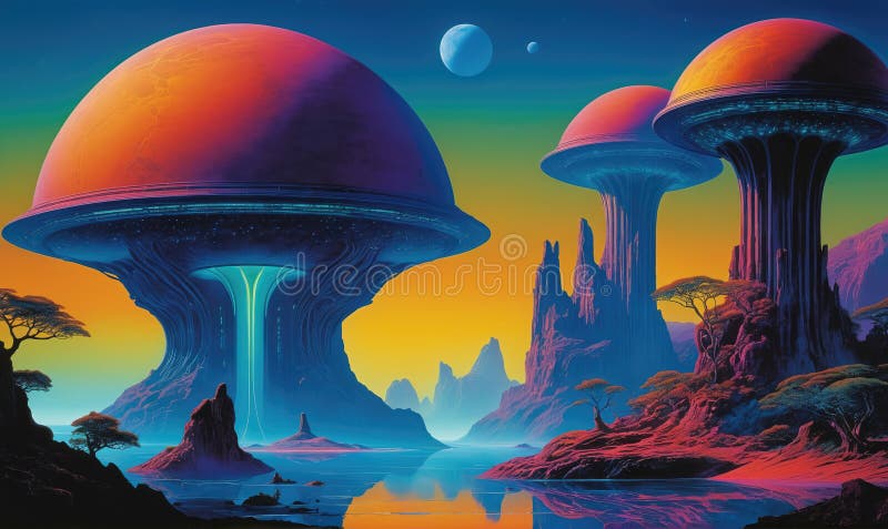 A Vibrant Alien Landscape with Towering Mushroom-shaped Structures, a ...