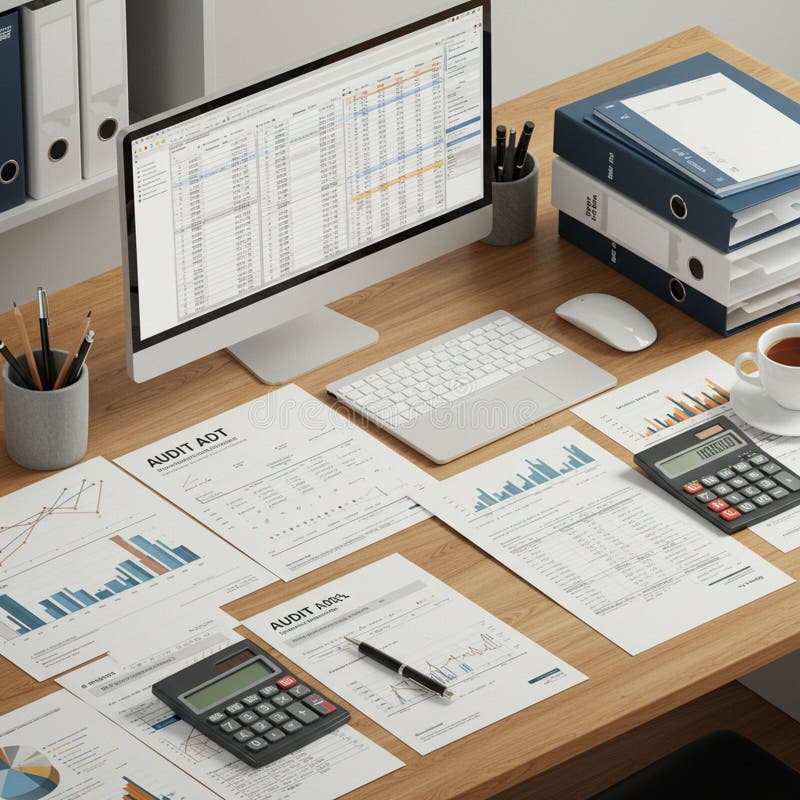 Organized Financial Workspace with Computer, Reports, and Calculators ...