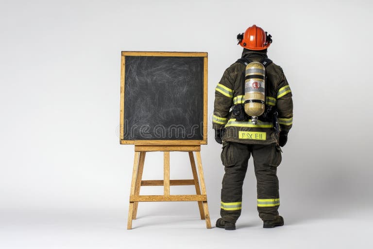 A Firefighter Stands in Front of a Blank Chalkboard. the Setting ...