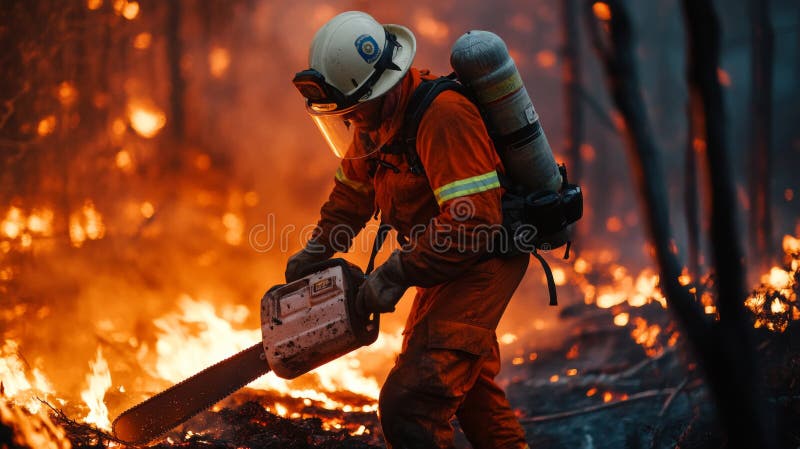 A Firefighter Battles a Raging Wildfire Using Heavy Equipment. the ...