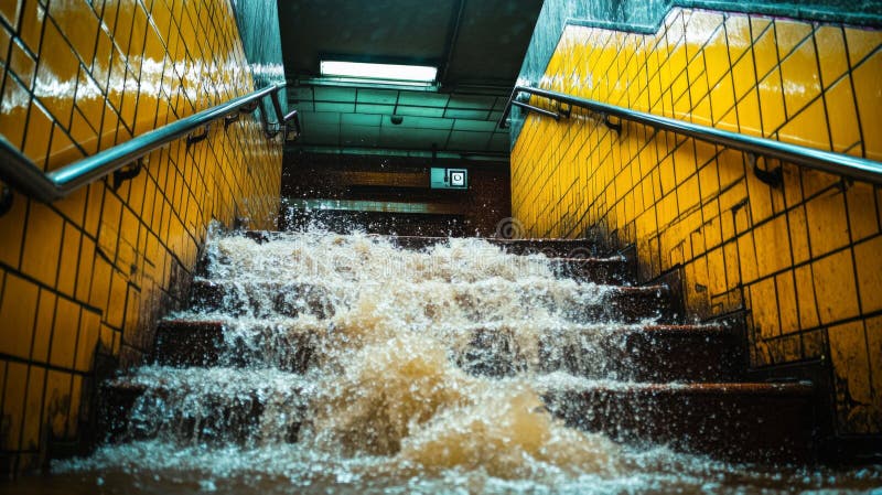 A Flooded Stairway in an Urban Environment. the Rushing Water Cascades ...