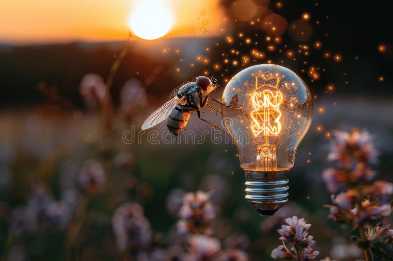 A Fly is Perched upon a Shining Lightbulb at Dusk Stock Photo - Image ...
