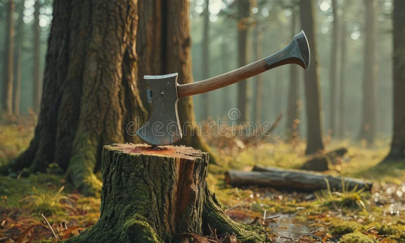 Gray Axe Rests on Moss-covered Tree Stump in Forest, with Fallen Tree ...
