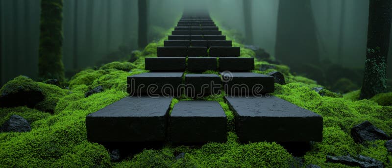 A Dark Forest Path with Mossy Rocks and Steps. Stock Illustration ...