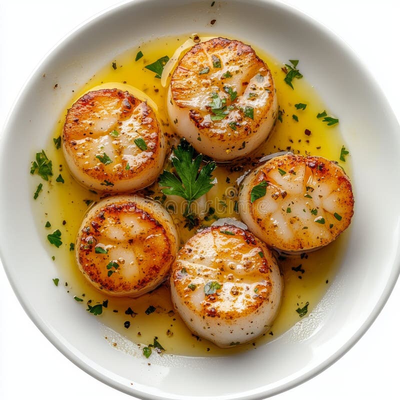 The Image Depicts Fried Scallops with Sauce from Above, Isolated on a ...