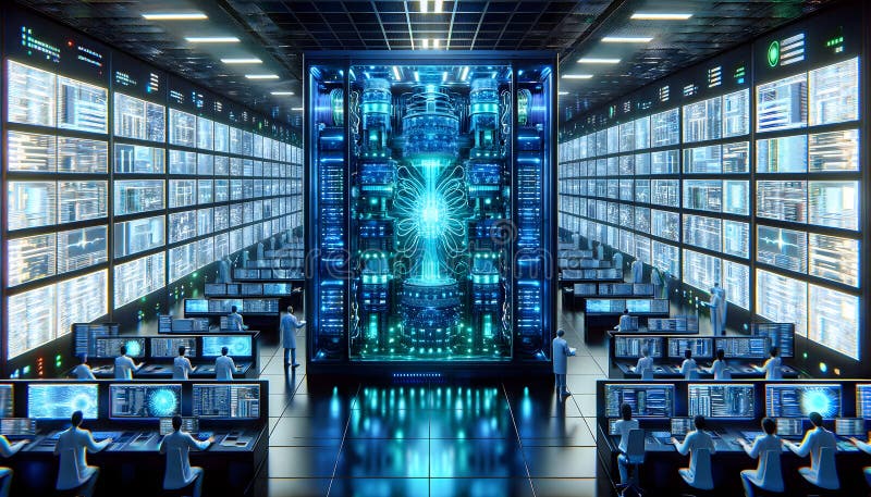 Futuristic Quantum Computing Data Center with Scientists and Monitors ...