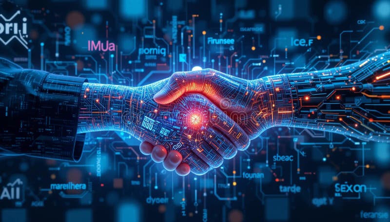 Image Depicts Futuristic Handshake between Two Hands, One Human and One ...