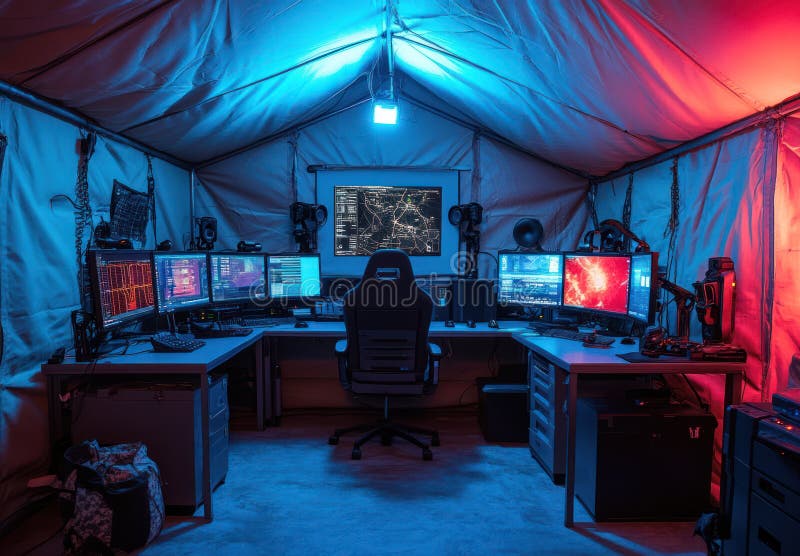 High-Tech Military Command Center in Tent with SWAT Team Data ...