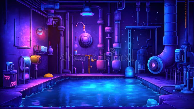 A Futuristic Indoor Pool Surrounded by Pipes and Industrial Elements ...