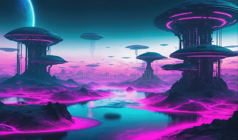 A Vibrant Pink and Blue Alien Landscape Features Towering Structures ...