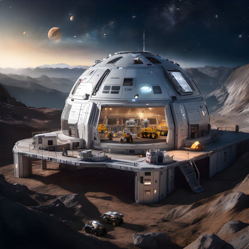 Futuristic Lunar Base with Rovers and Distant Planets in Background ...