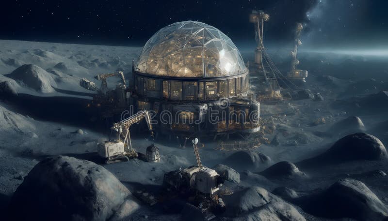 Futuristic Lunar Colony with Mining Operations on the Moon Stock Image ...