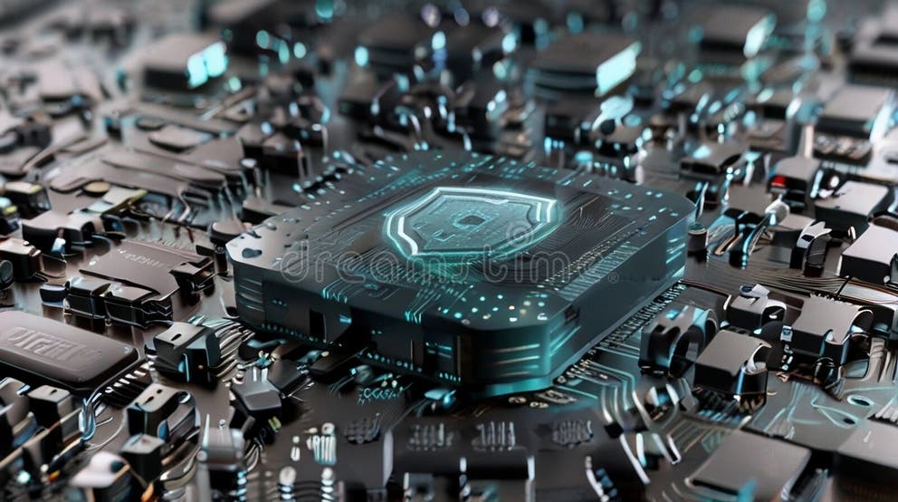 Futuristic Security Technology Concept with Shield Symbol on Microchip ...